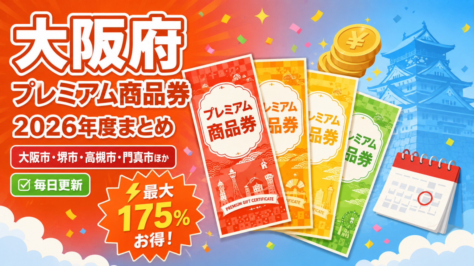 【2026年最新】大阪府プレミアム付商品券・キャッシュレス還元まとめ｜大阪市30%・高槻175%・堺50%・吹田・門真・池田・富田林ほか府内 ...