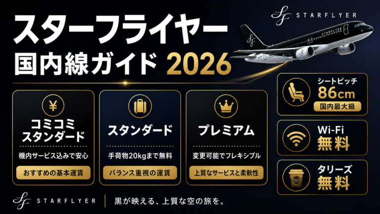 【2026年最新】スターフライヤー（SFJ）国内線完全ガイド｜新運賃・シートピッチ86cm・無料Wi-Fi・タリーズコーヒー