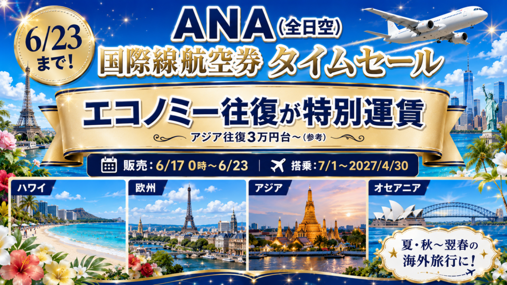 【6/17 0時販売開始】ANA国際線航空券タイムセール！エコノミー往復が特別運賃｜販売期間・対象路線・条件まとめ